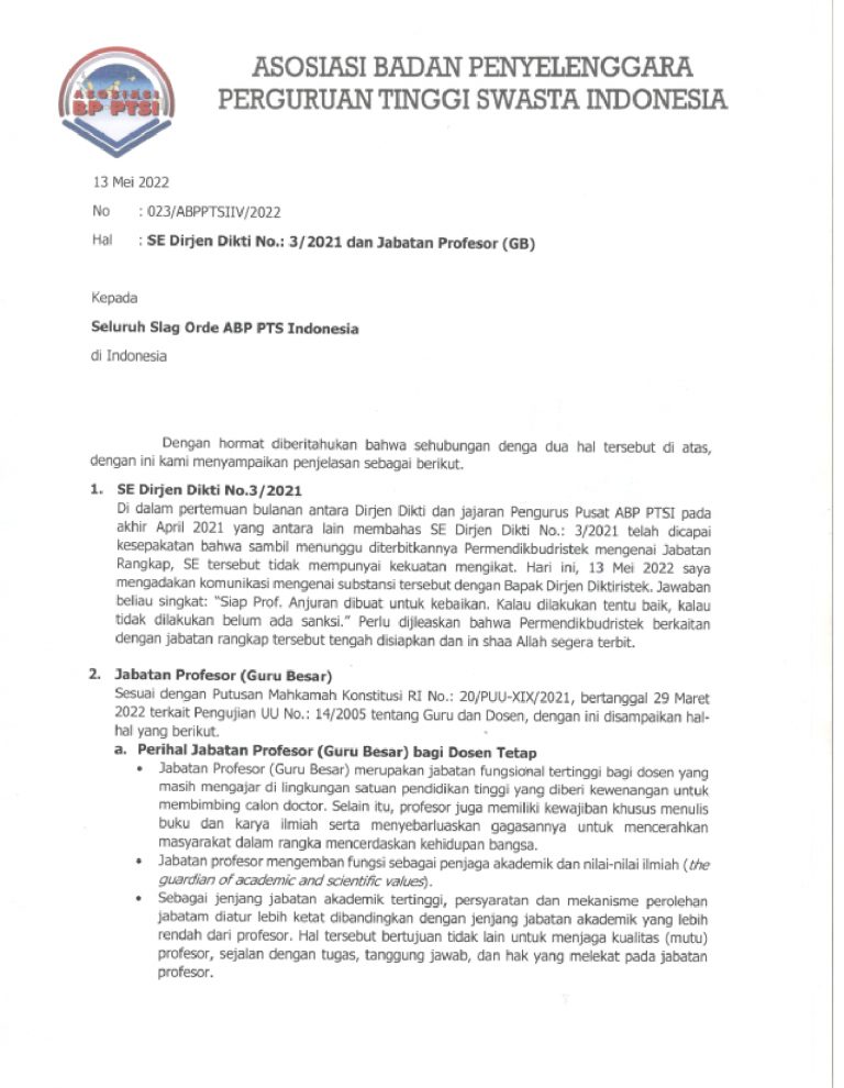 SE Dirjen Dikti No.3 tahun 2021 dan Jabatan – ABPPTSI